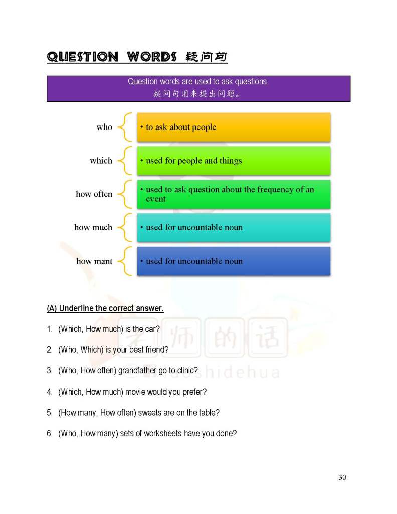 Year 3 English Grammar Exercises M082 老师的话 Lao Shi De Hua