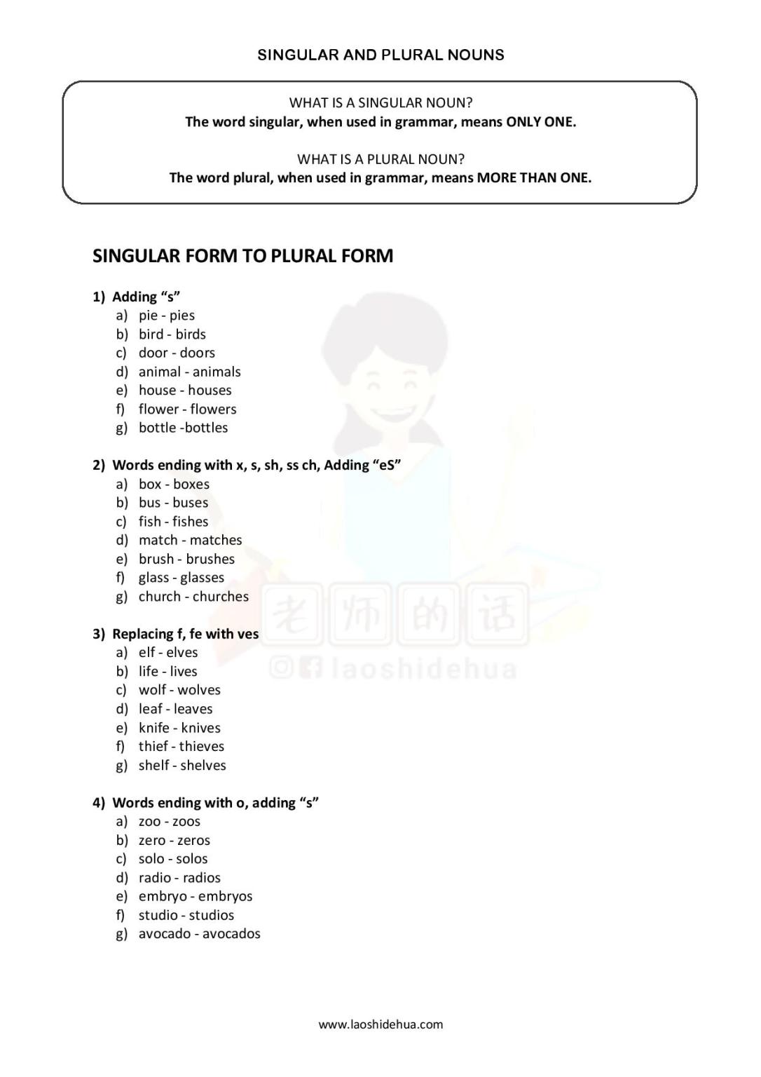 Singular and Plural Nouns | Note and Exercise – 老师的话 lao shi de hua