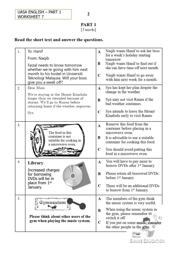 [English] UASA Part 1 Worksheet 10份新格式英语考试第一项练习题 – 老师的话 lao shi de hua