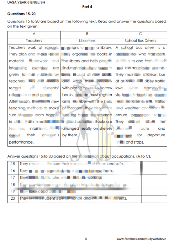 [Year 6 English] UASA Paper (1 set) – 老师的话 lao shi de hua