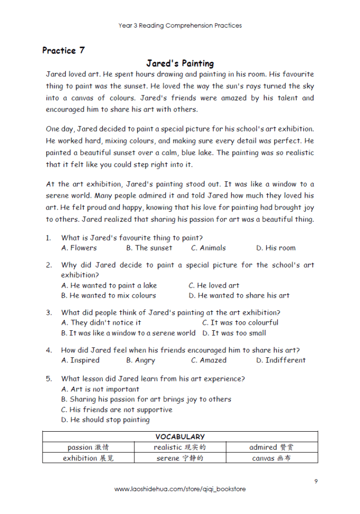 [Year 3 English] Reading Comprehension Practices – 老师的话 lao shi de hua