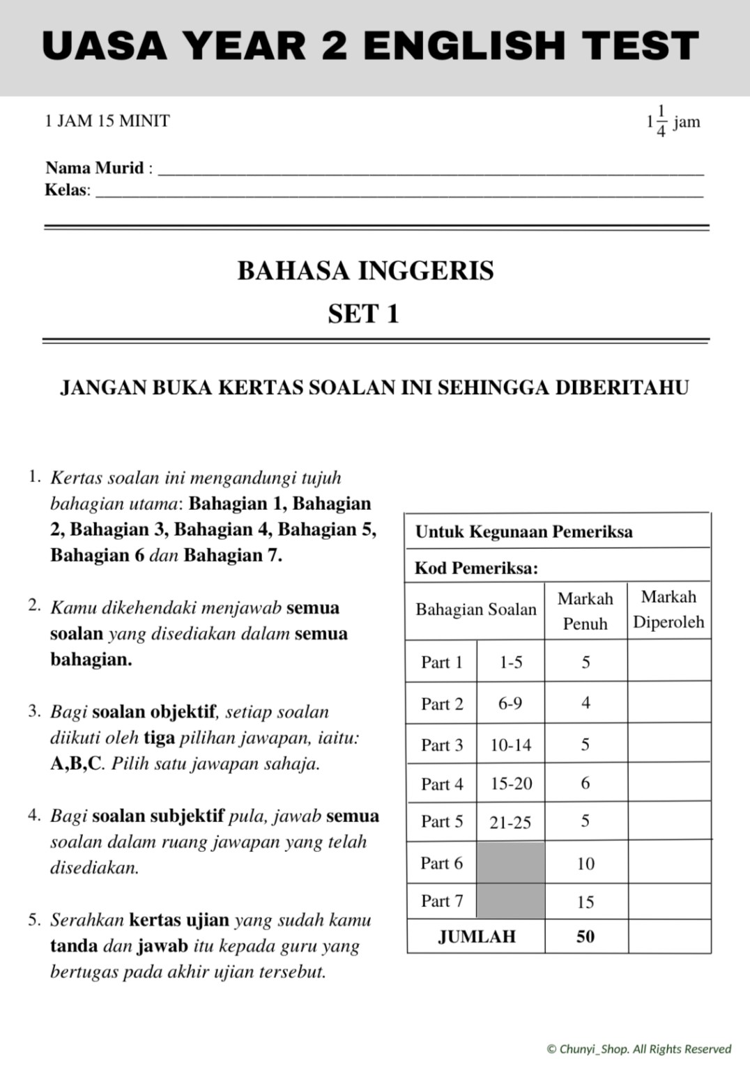 Year 2 UASA ENGLISH MODEL PAPERS – 老师的话 lao shi de hua